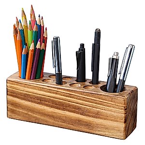 Hoffengwell Pen Holder for Desk Rustic Wooden Pencil Holder for Desk, Solid Wood Desk Pen Organizer, Fountain Pen Holder - Stylish Vintage Design - Perfect Desk Organization Solution