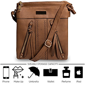 Multi-Pocket Crossbody Bags for Women, Lightweight Purses and Handbags, Vegan Leather Purses for Women with Tassel (Brown)