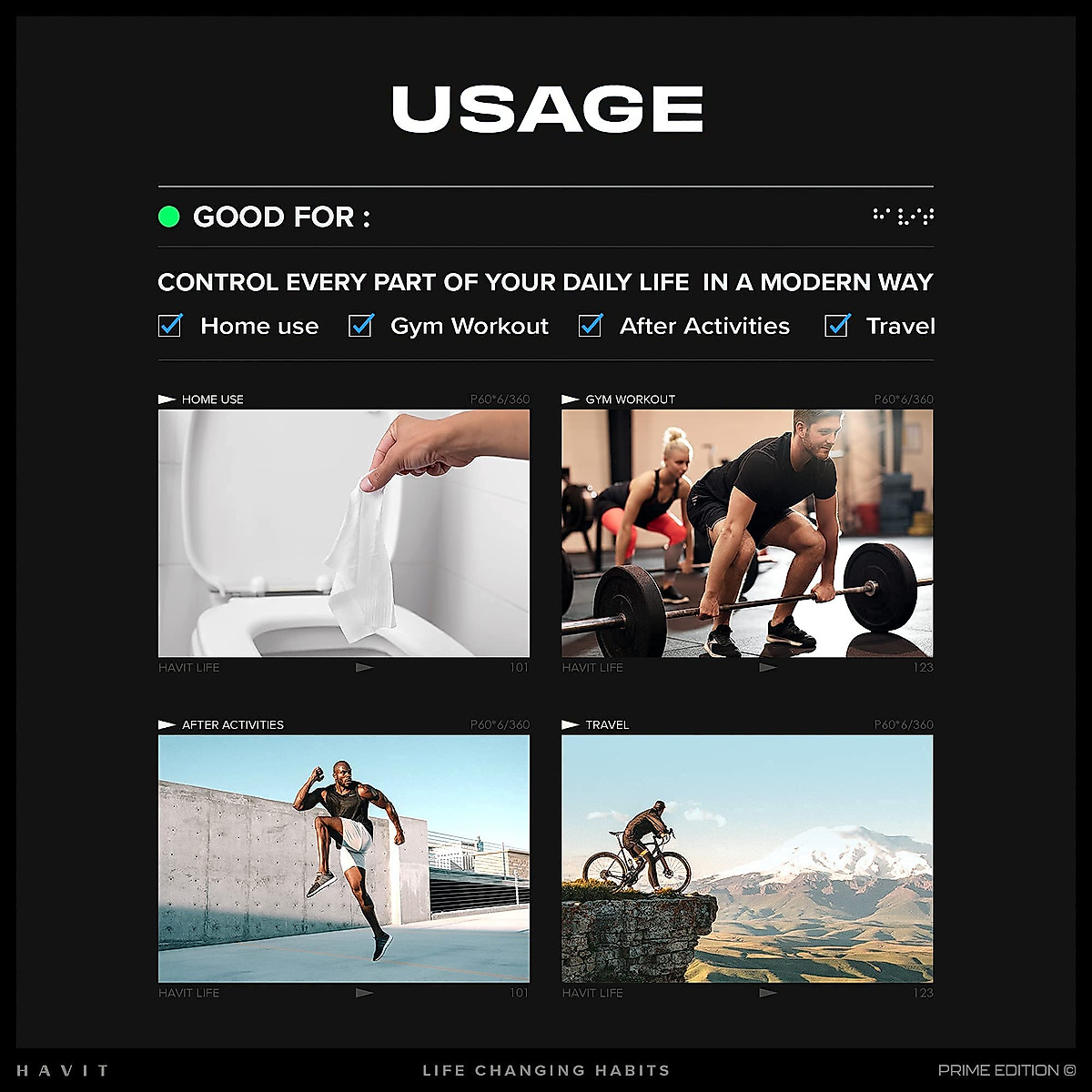 HAVIT Prime Edition Wipes for Men - 360 Flushable Wipes for Adults, Unscented Wet Wipes Infused with Aloe & Green Tea, At-Home Use Dispensers, Septic and Sewer Safe, (Total 360 Wipes - 6 Packs of 60)