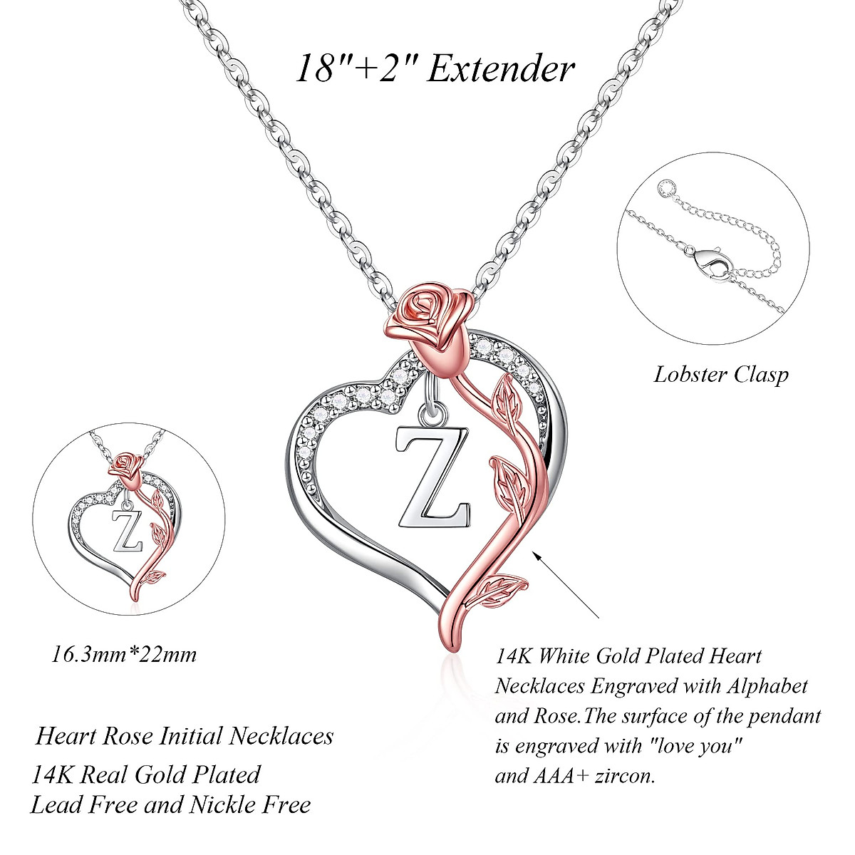 M MOOHAM Rose Heart Initial Necklaces for Women, Cute Love Letter Pendant K Initial Necklace Jewelry Rose Heart Necklaces for Women Initial Necklaces for Women Gifts for Her