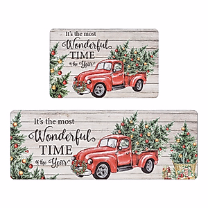U'Artlines 2Pcs Christmas Anti Fatigue Kitchen Rugs and Mats, Red Truck Tree Non Slip Foam Cushioned Farmhouse Kitchen Floor Mats Comfort Standing Mats for Winter Home Decor