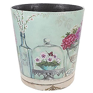 Zerodeko Small Trash Can, 10L/2.64 Gallon PU Leather Wastebasket Retro Decorative Waste Bin with Flower Patterned, Garbage Container for Bathroom, Bedroom, Kitchen, Home, Office