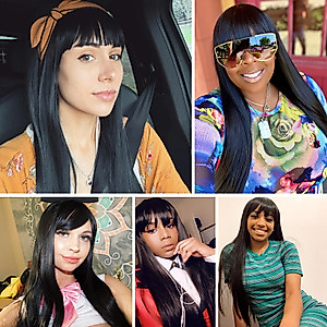 Kalyss 28 Inches Women's Silky Long Straight Black Wig Heat Resistant Synthetic Wig With Bangs Hair Wig for Women