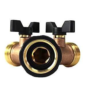 Kasian House Heavy Duty Brass Garden Hose Splitter, Y Valve, 2 Way Connector for Outdoor Faucet, Outside Water Bib Spigot Adapter, Large Comfort Grip Handles, 2 Extra Rubber Washers