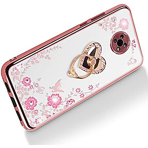 B-wishy Nokia G300 5G Glitter Case - Slim Butterfly Floral TPU, Luxury Bling Diamond, Ring Stand + Strap (Rose Gold)