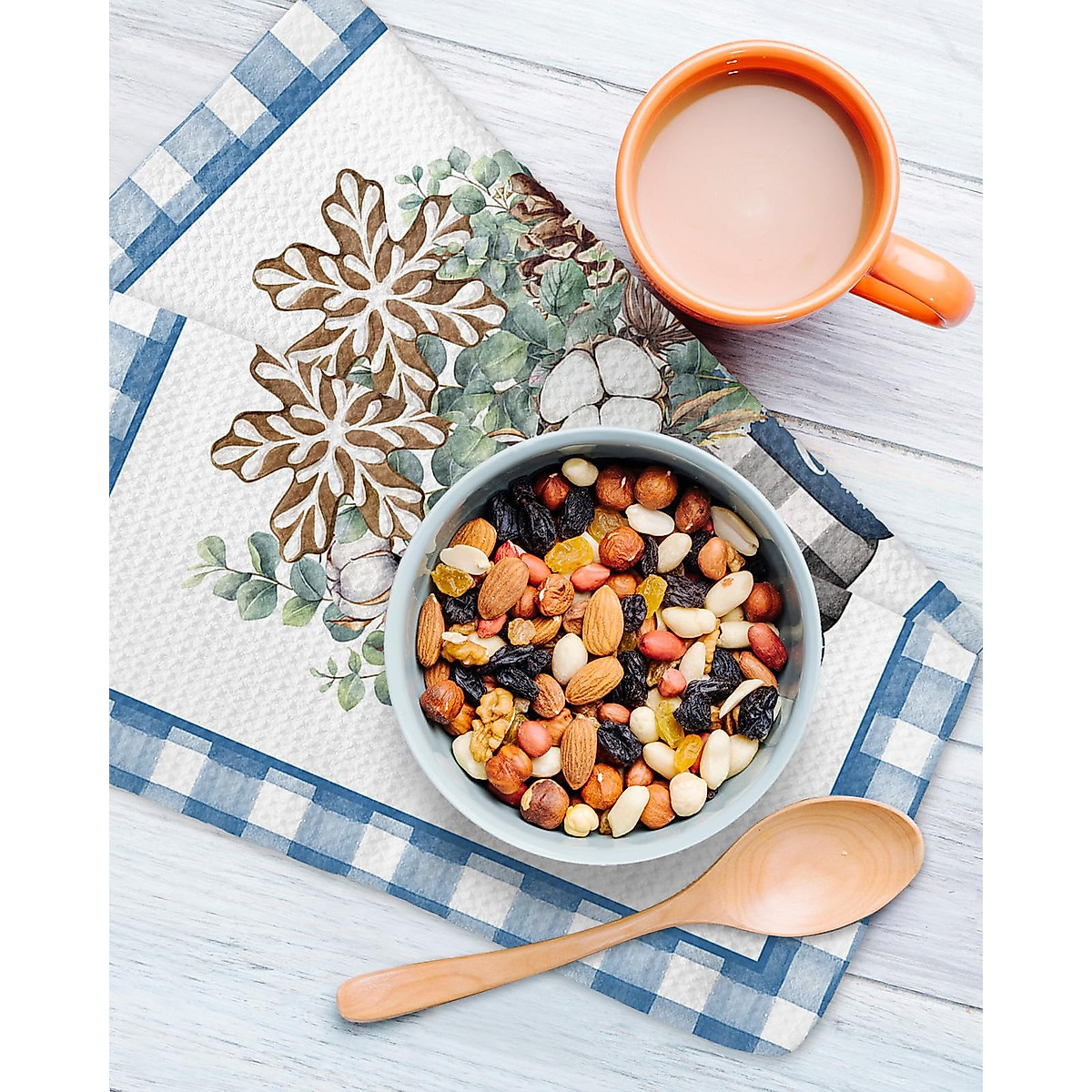 Hokiten Christmas Waffle Kitchen Towels Dishcloths, Xmas Eucalyptus Leaves Winter Cotton Blue Plaid Absorbent Dish Towels | Hand Towels for Bathroom/Bar, 12 x 12 Inch, 2 Pcs