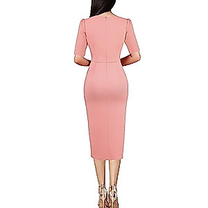 VFSHOW Womens Wear to Work Buttons Slit Pleated Notch V Neck Flattering Business Party Office Church Slim Bodycon Pencil Sheath Midi Dress (Peach Pink, X-Large) 10246 PIK XL