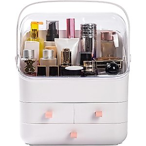 Haturi Makeup Organizer, Waterproof&Dustproof Cosmetic Organizer Box with Lid Fully Open Makeup Display Boxes, Skincare Organizers Makeup Caddy Holder for Bathroom, Dresser, Countertop Bedroom-White