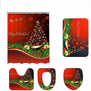 Claswcalor 5 Pcs Merry Christmas Shower Curtain Sets with Rugs, Toilet Lid Cover, Bath Mat and Toilet Seat Cover, Waterproof Xmas Christmas Tree Shower Curtains for Bathroom with 12 Hooks, Red