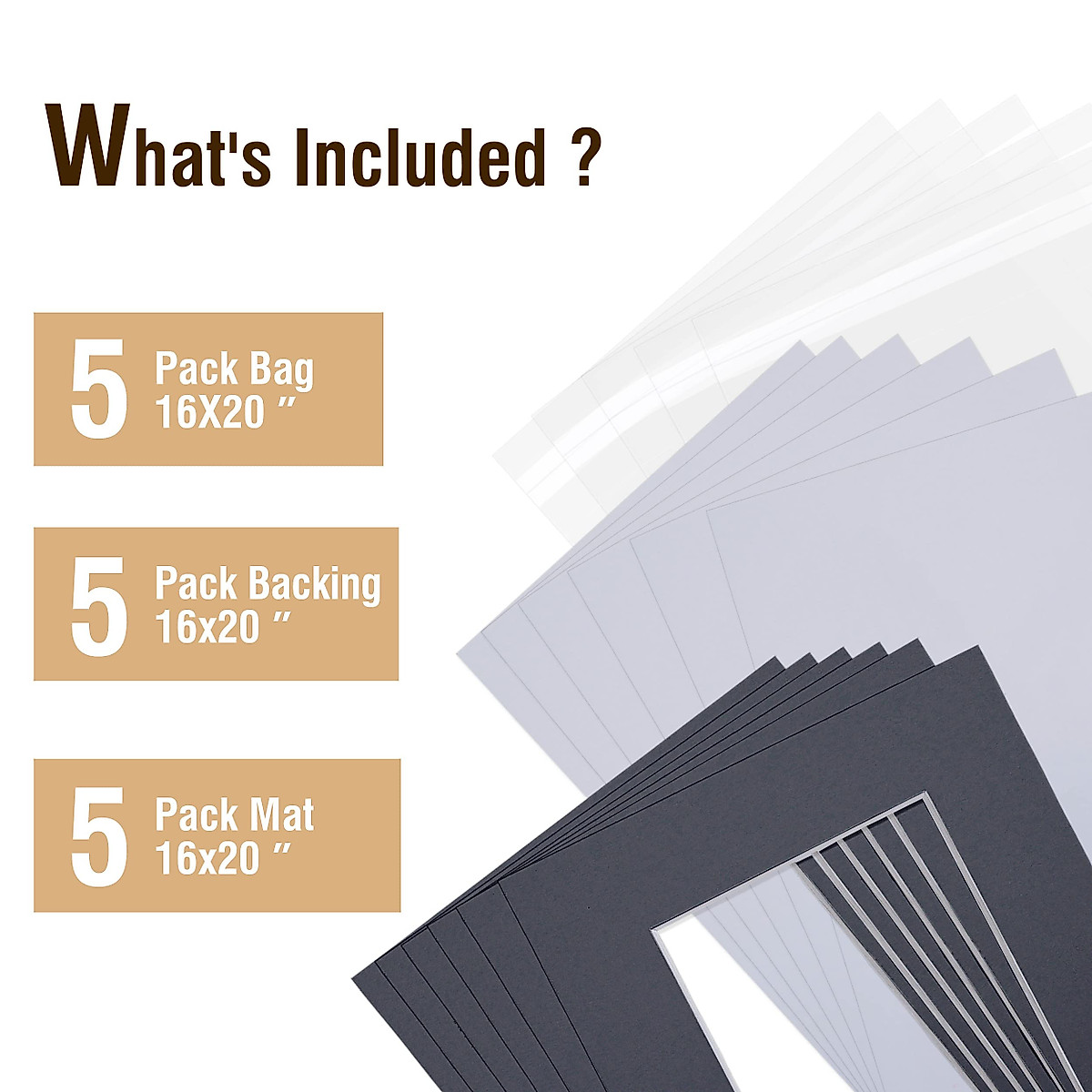 Falling in Art 5 Pack Acid Free 16x20'' Black Picture Mats Board Show Kit for 11x14'' Pictures, 4-Ply Beveled Pre-Cut Photo Boards with Backing Board and Plastic Clear Bags