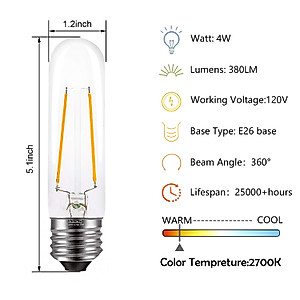 T10 LED Clear Bulbs Warm White 2700K LED Tubular Edison Light Bulbs 4W Dimmable Tube Vintage Led Bulbs 40 Watt Equivalent,E26 Medium Base, LED Filament Retro Bulb for Desk Lamp, Pendant Lights 3 Pack
