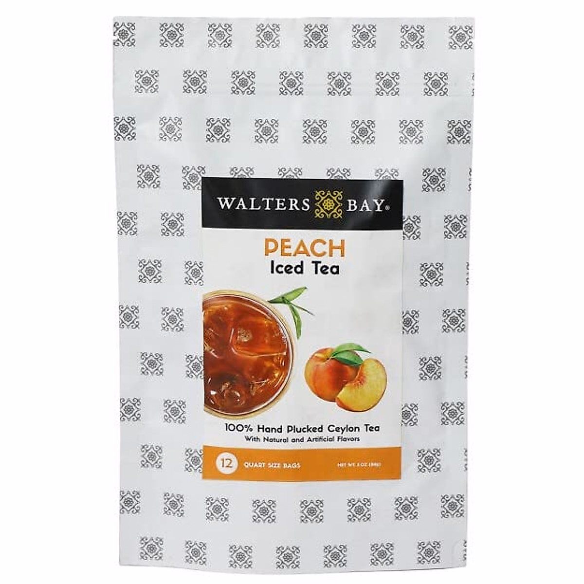 Walters Bay Peach Iced Tea | 12 Quart Sized Tea Bags, Ceylon Tea, Unsweetened, Peach Flavored, 100% Hand Plucked, Black Tea