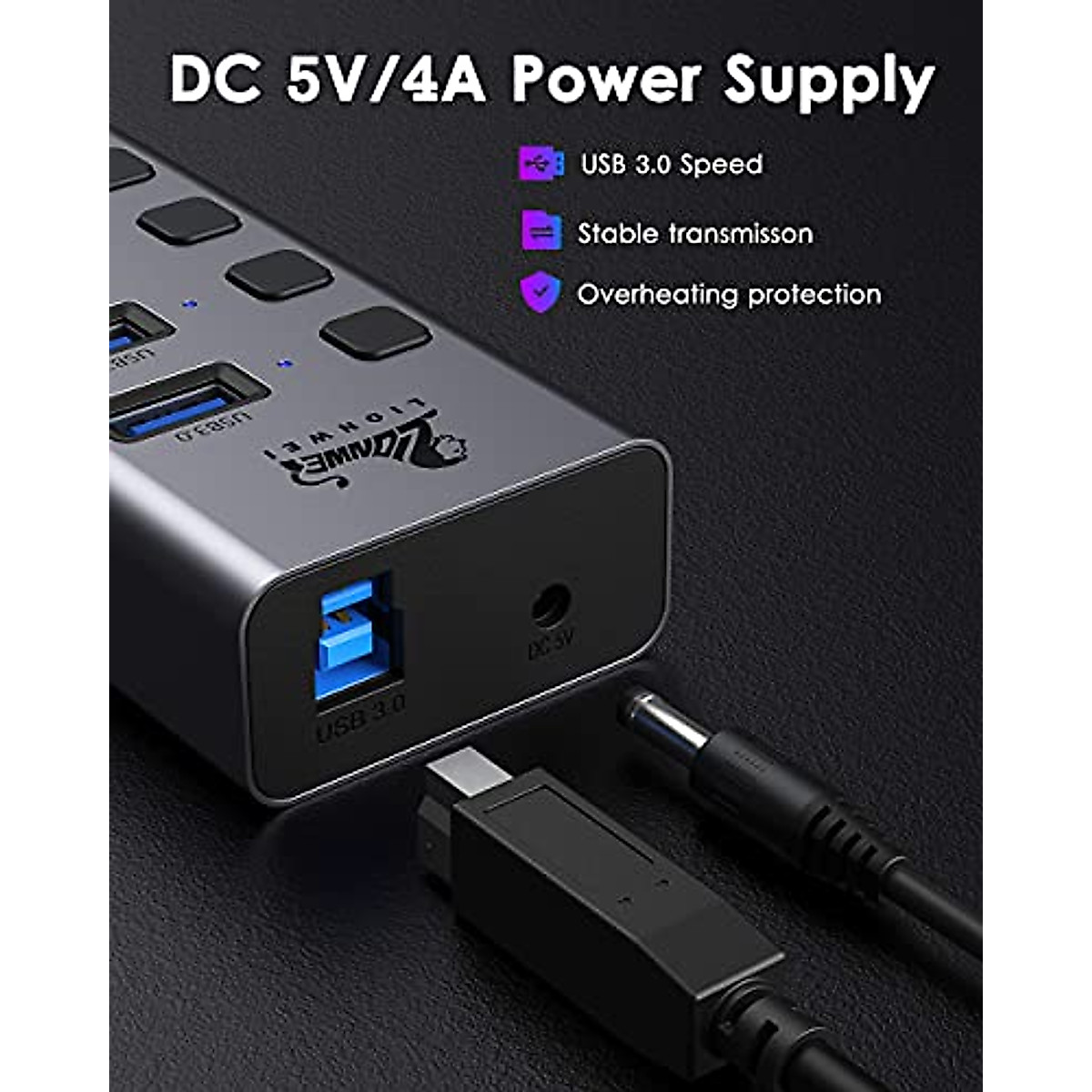 LIONWEI Universal 8-Port Powered USB 3.0/USB C Hub, Aluminum USB Splitter with 6 USB 3.0 Data Ports, SD/TF Card Readers, On/Off Power Switches, AC Adapter