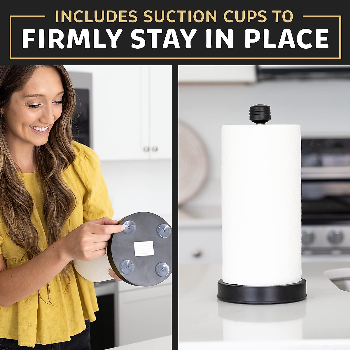 Stainless Steel Black Paper Towel Holder Designed for Easy One-Handed Operation - This Sturdy Weighted Paper Towel Dispenser Countertop Model Has Suction Cups and Holds All Paper Towel Rolls