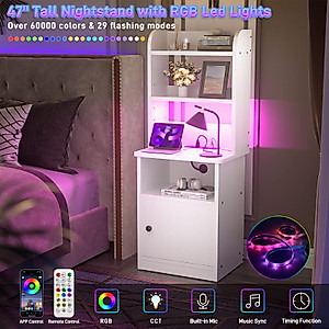 Tall Nightstands Set of 2 with Charging Station and LED Lights - 47" Tall Bedside Table with Adjustable Bookshelf, Industrial End Table Side Table with Storage Cabinet for Home Office, White