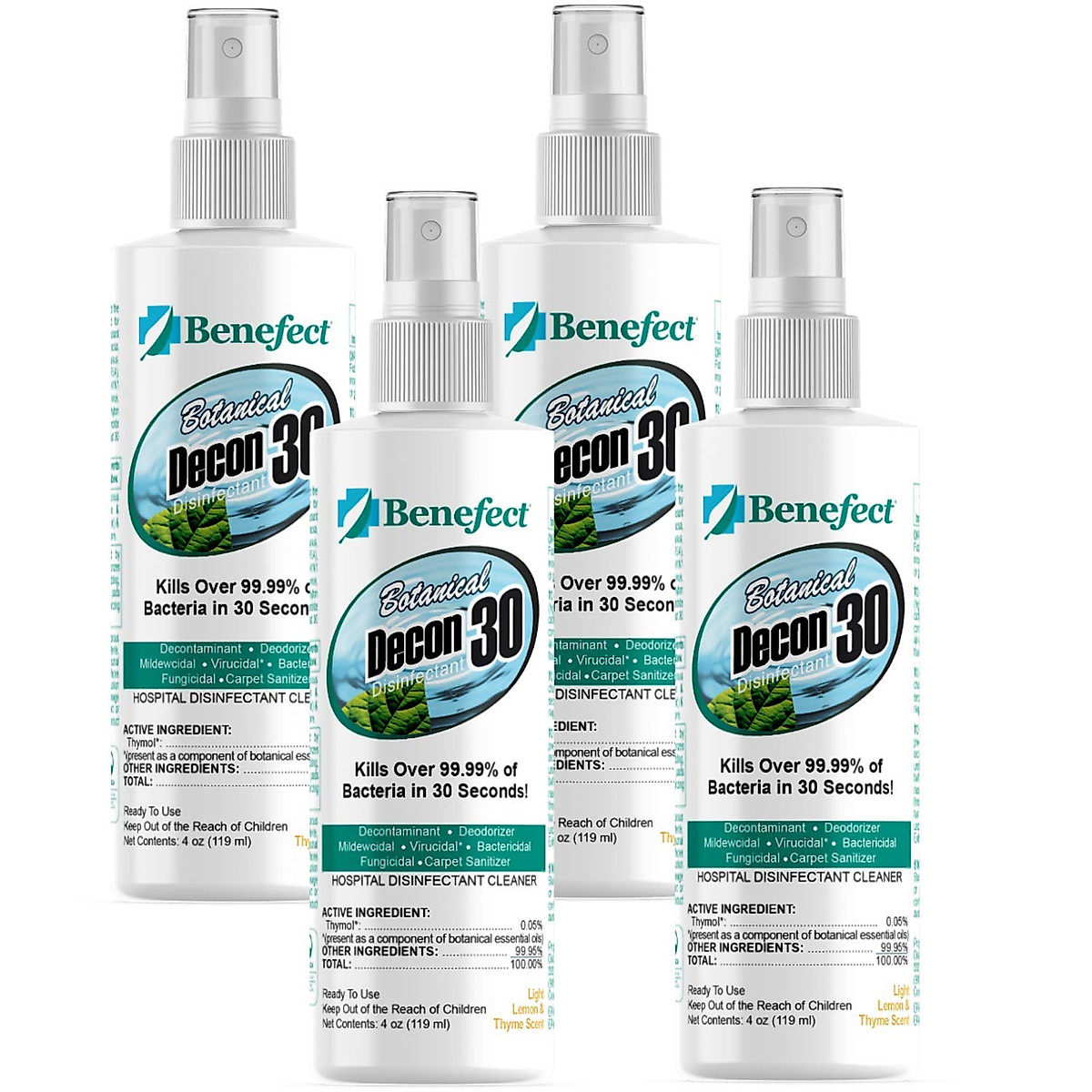 Benefect Botanical Decon 30 Disinfectant Cleaner, 4 oz. Spray Bottle, Light Lemon & Thyme Scent, Hospital Grade Disinfectant, Kills Over 99.99% of Germs, Safe for Food-Contact Surfaces (Pack of 4)