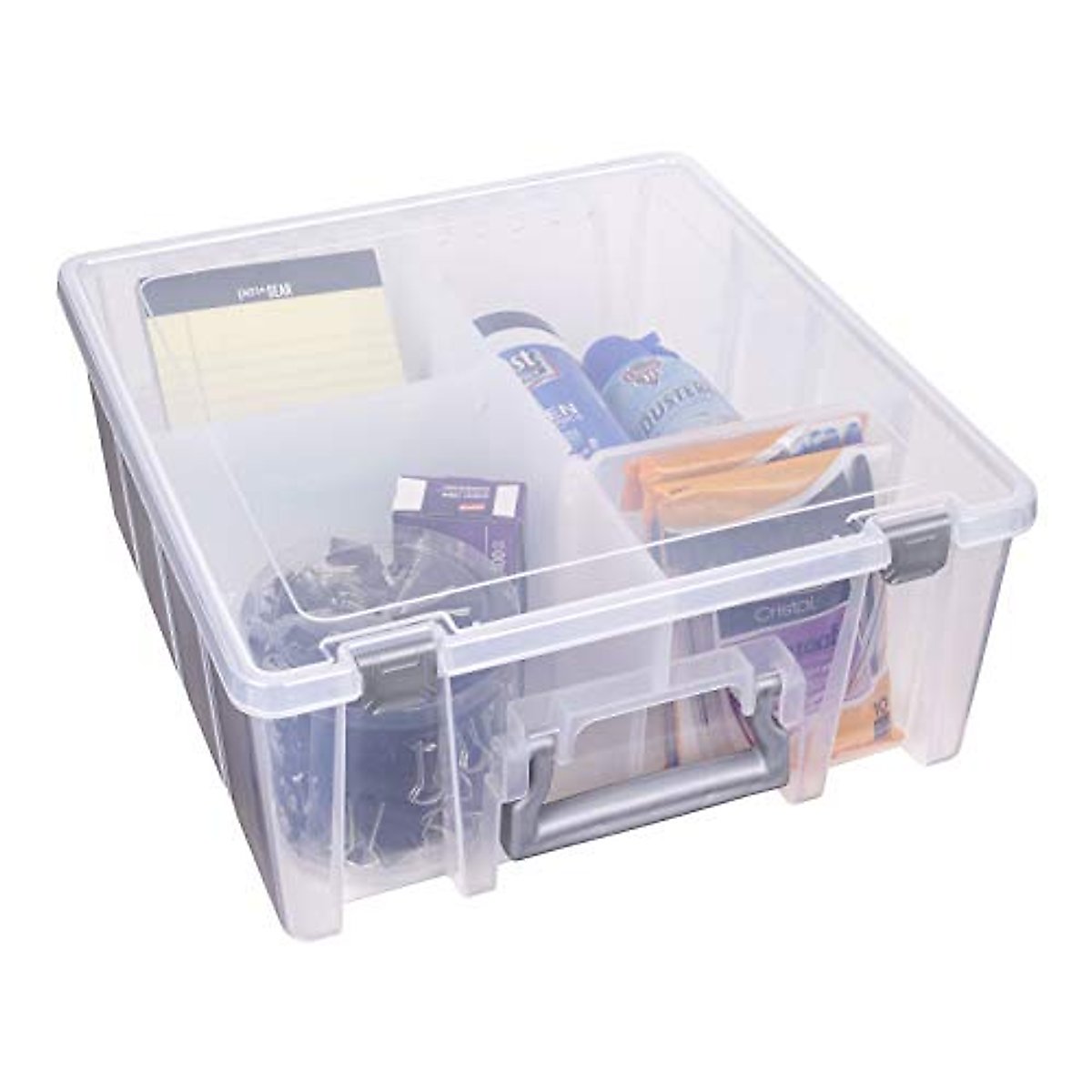 AB Designs 6990ABD Super Satchel Double Deep with Removable Dividers, Stackable Home Storage Organization Container, Clear with Sliver Latches and Handle