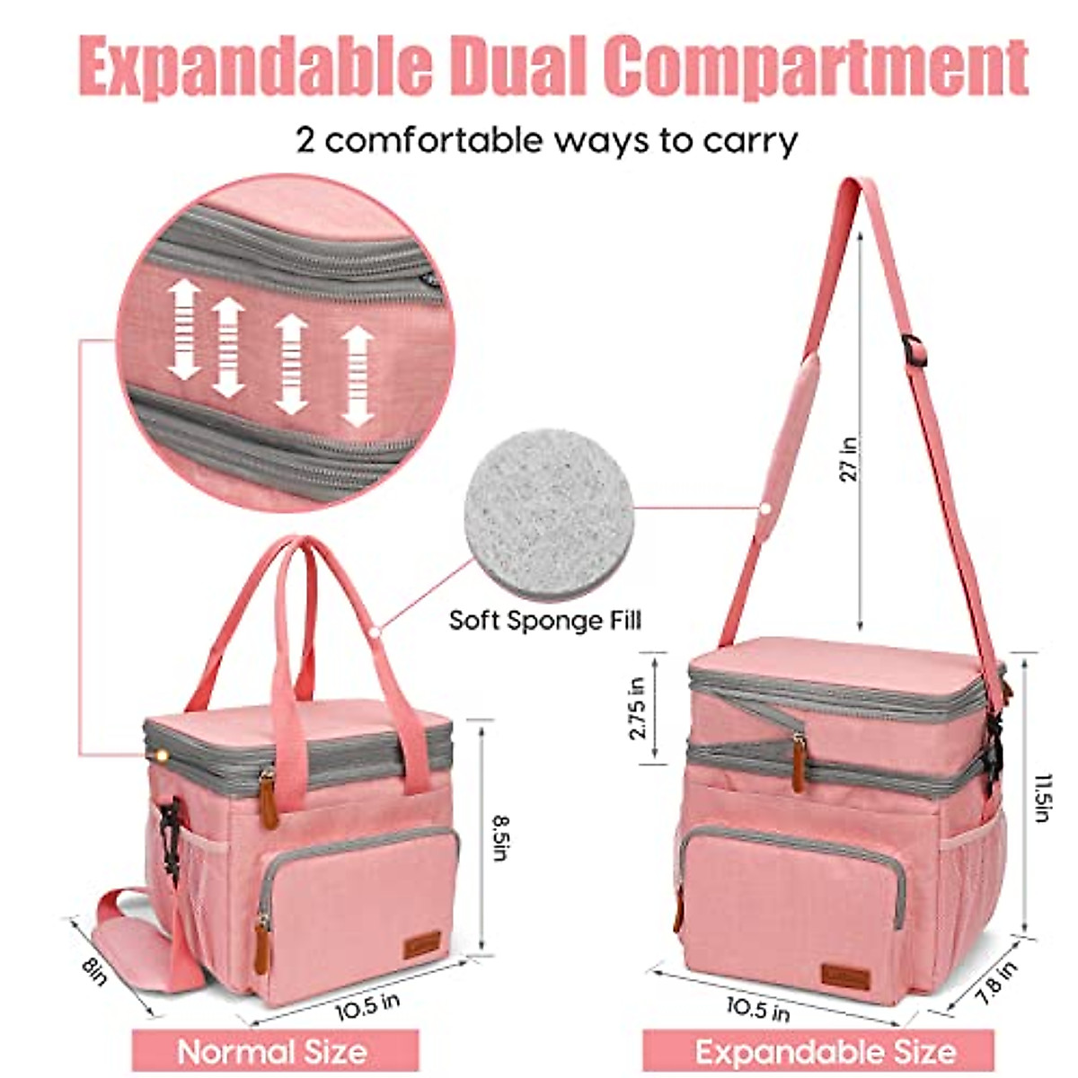 Insulated Lunch Bag for Women Men, Expandable Dual Compartment Lunch Bag with Utensil Pouch, Adult Large Lunch Box for Work, Leakproof Lunch Cooler Bag with Shoulder Strap for Picnic Beach