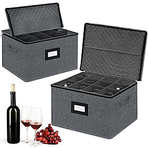Wine glass Storage Box with Divider - China Storage Containers Hard Shell Stemware Storage Bins with Lids Holds 12 Wine Glass or Crystal Glassware Case, Stackable with Label Window (Dark Grey)