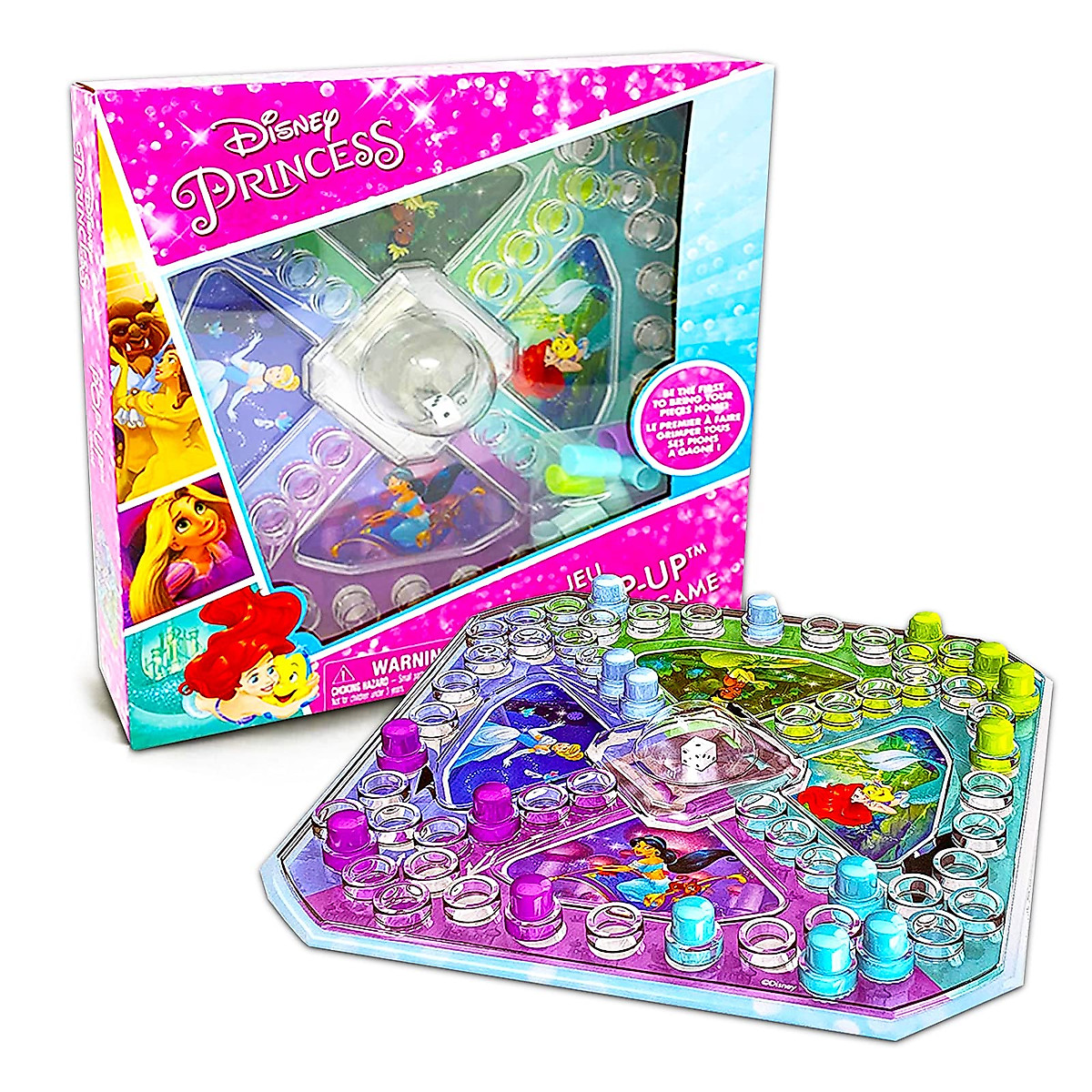 Disney Princess Pop Up Game ~ 3 Pc Bundle with Disney Princess Board Game for Kids with Pop Up Dice, Palace Pets Stickers, and Door Hanger (Princess Party Favors)