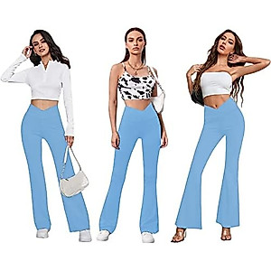 DLOODA Women's Flare Leggings with Pockets-Crossover High Waisted Bootcut Yoga Pants-Tummy Control Bell Bottom Leggings Blue