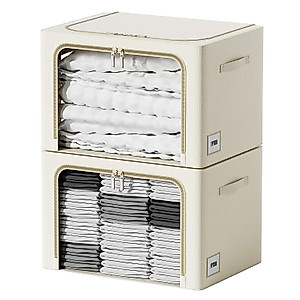 RTONAO 2 Pack Stackable Storage Bins - Foldable Metal Frame Storage Boxes for Clothes Double Zipper Fabric Box Organizer Set with Carrying Handles and Clear Window (100L, Beige)