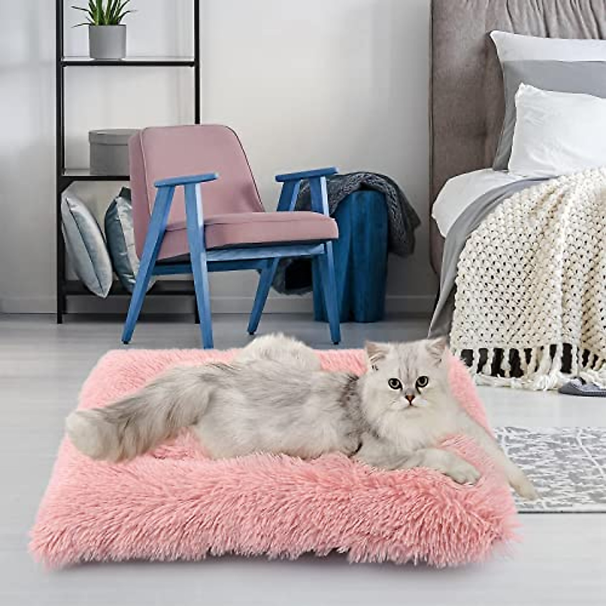 Lucky Monet Small Dog Beds 21" x 12", Fluffy Calming Dog Bed Washable Dog Crate Mat Plush Rectangle Pet Bed with Anti-Slip Backing, Long Plush Pet Beds for Dogs Cats Puppies