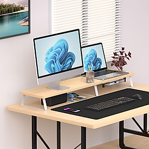 Large Dual Monitor Stand Riser - Monitor Stand for 2 Monitors, Wooden Computer Stand For Desk with Metal Legs, Desk Organizers and Storage With Drawer, Desk Shelf for Computer/Laptop/Printer/TV, Oak
