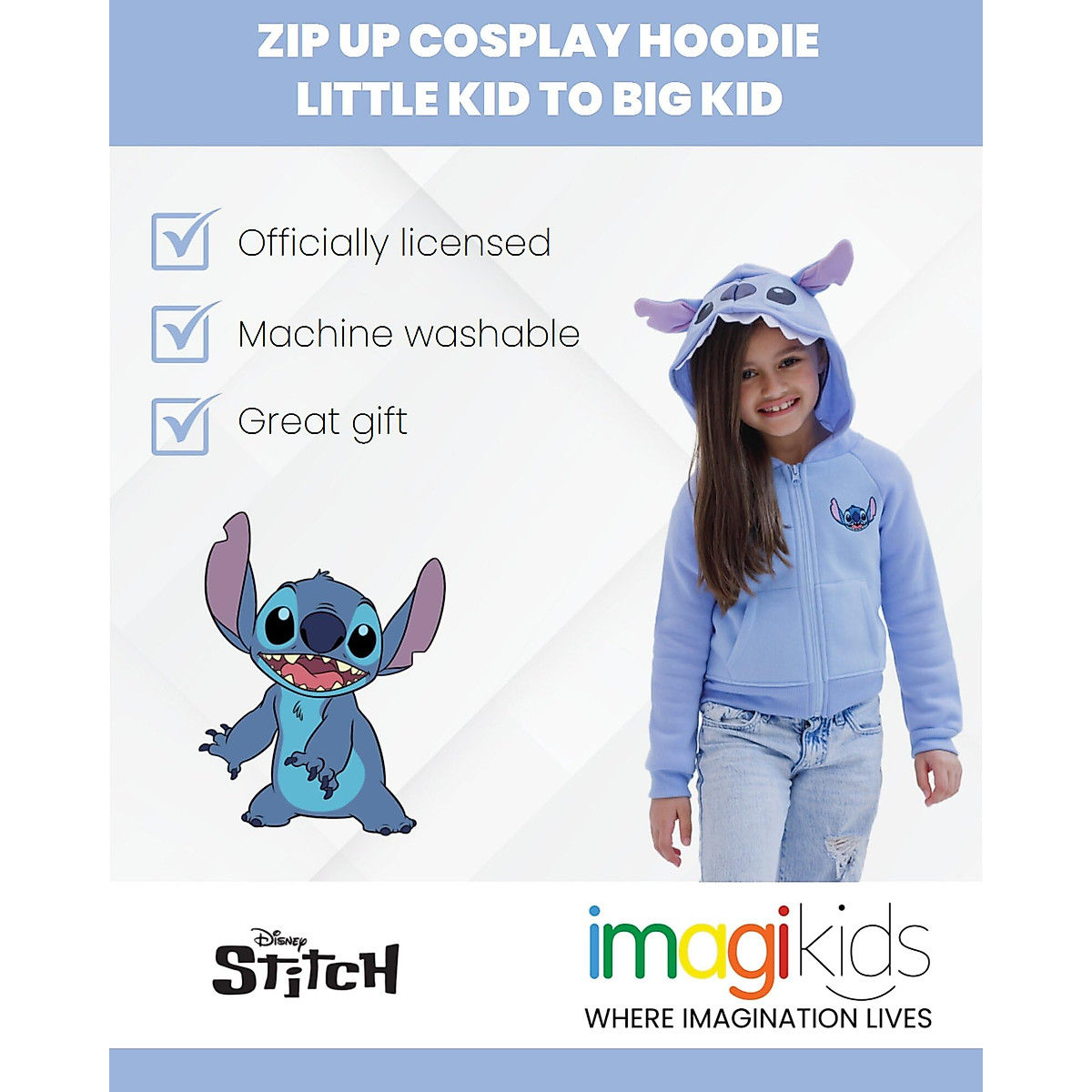 Disney Lilo & Stitch Little Girls French Terry Zip Up Cosplay Hoodie Blue 6