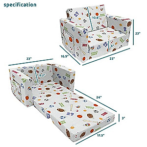 fond + found Kids Sofa Couch, Toddler Boys Girls 2-in-1 Convertible Lounger, Comfy Flip-Out Couch/Sleeper, Sports Theme Chair, Football Basketball Baseball Soccer Bed