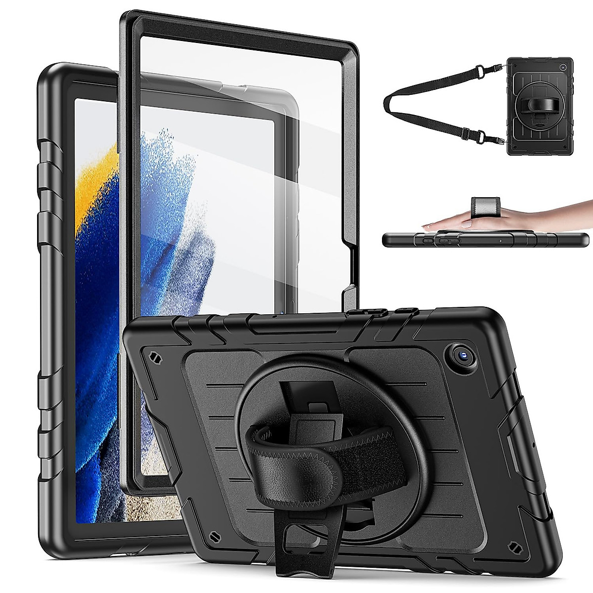 Stweap for Samsung Galaxy Tablet A8 Case 10.5 inch 2022 SM-X200/X205/X207 with Screen Protector [360 Rotating Stand] &Hand Shoulder Strap Shockproof Rugged Protective Cover|Black