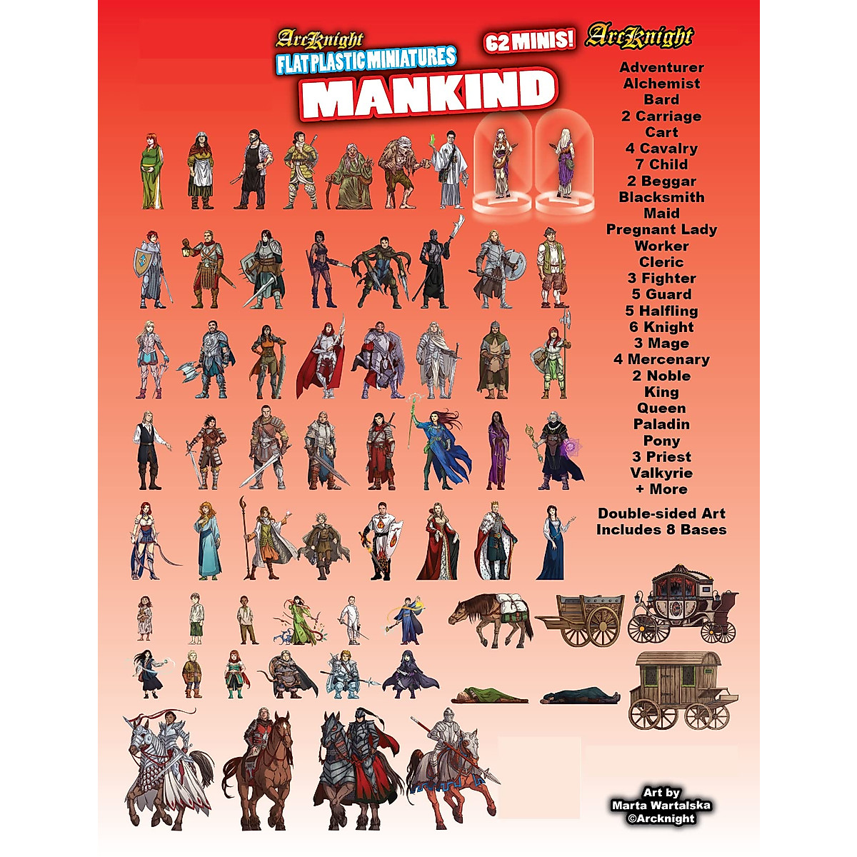 Arcknight Flat Plastic Miniatures: Mankind; 62 Unique Human-Themed Minis for DND 5e and Pathfinder; Affordable, Skinny Figurines for Dungeons and Dragons and Other Tabletop RPG Games