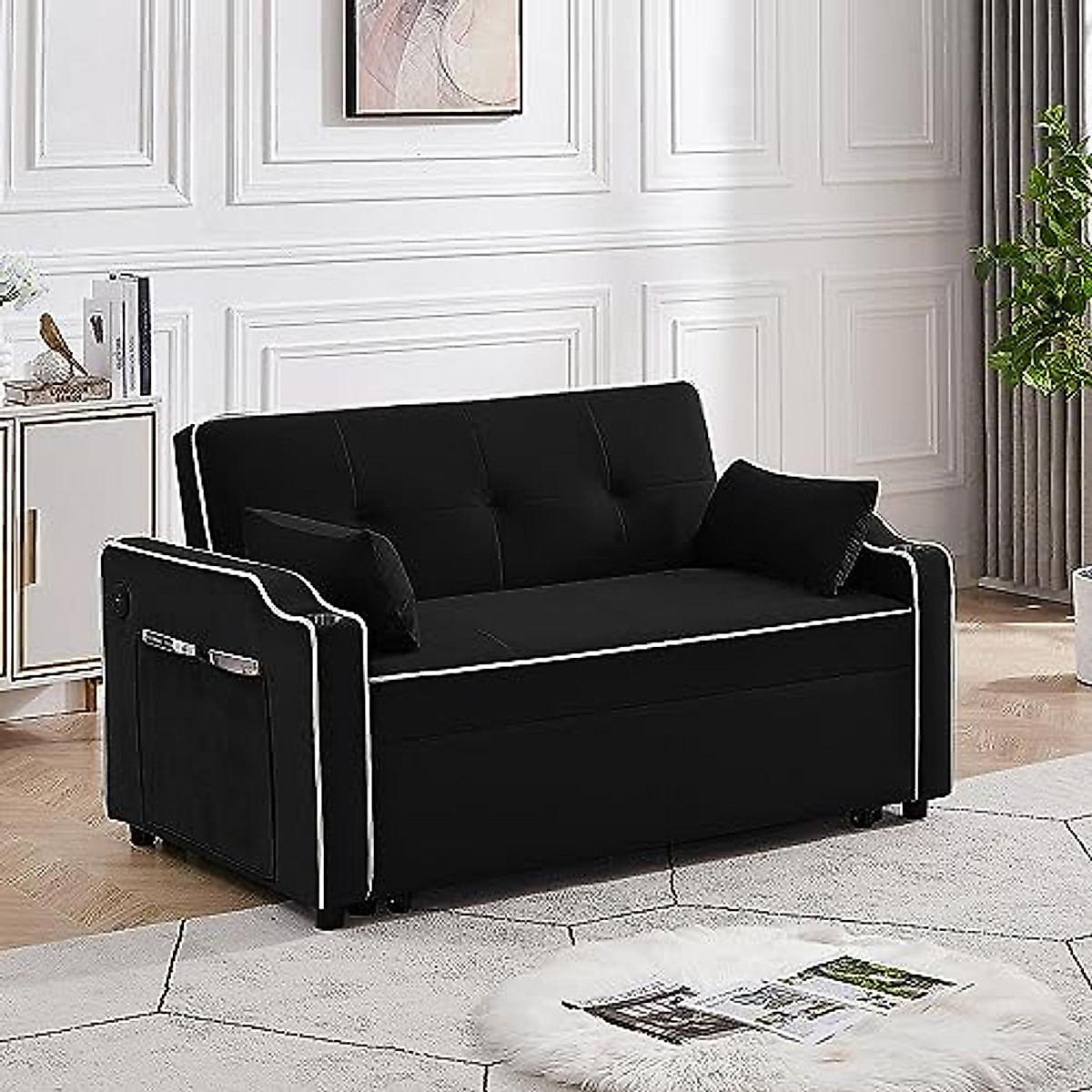 FULife Convertible 3 in1 Loveseat Sofa Futon Couch Sleeper Pullout Chaise Lounge Recliner Chair Reversible Folding Daybed Guest Bed,2-Seat Sofá,Adjustable Back,600lb Capacity, Black Velvet 55.2" w
