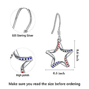 USA Flag Dangle Earrings for Women: 925 Sterling Silver American Patriotic Red White and Blue Star Drop Earrings America Independence Day 4th of July Patriotic Jewelry Gifts (Star)