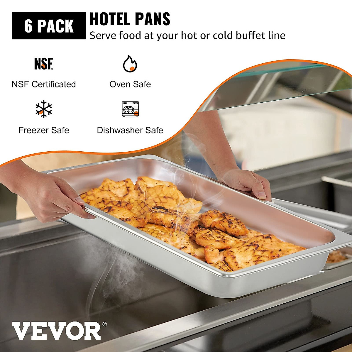 Mophorn Hotel Pans Full Size 2.5 Inch Deep, Steam Table Pans 6 Pack, 22 Gauge/0.8mm Thick Stainless Steel Hotel Pan Anti Jam Steam Table Pan