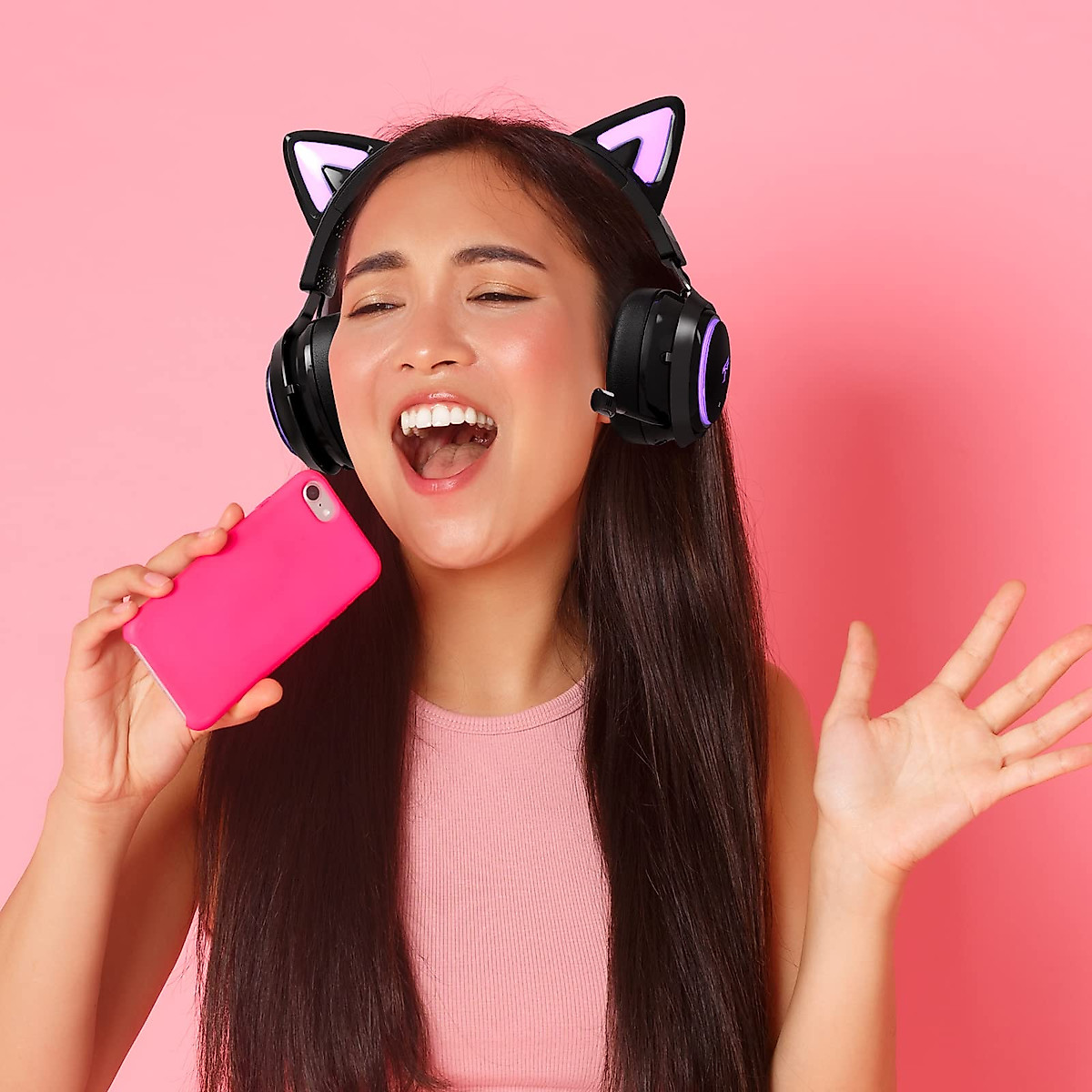 EASARS Wireless Cat Ear Headphones, Black Gaming Headset Bluetooth 5.0 for Smartphone, Retractable Mic, 50mm Drivers, RGB Lighting Headset with Mic (USB Dongle Not Included)