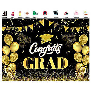 HVEST Congrats Grad Backdrop Black and Gold Balloon Class of 2023 Photography Background for Graduation Party Decorations Graduation Banner Cake Table Decor Photo Booth Props,7x5ft