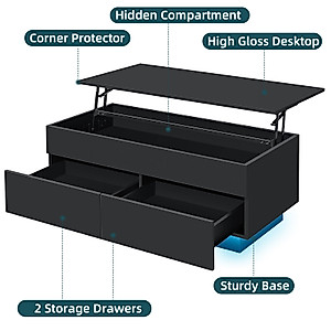 HOMMPA 40'' Lift Top Coffee Table for Living Room, Black Coffee Tables with Storage, LED Modern Coffee Table Rectangular Black Gloss, Flip Top Center Table with 2 Drawers and Hidden Compartment