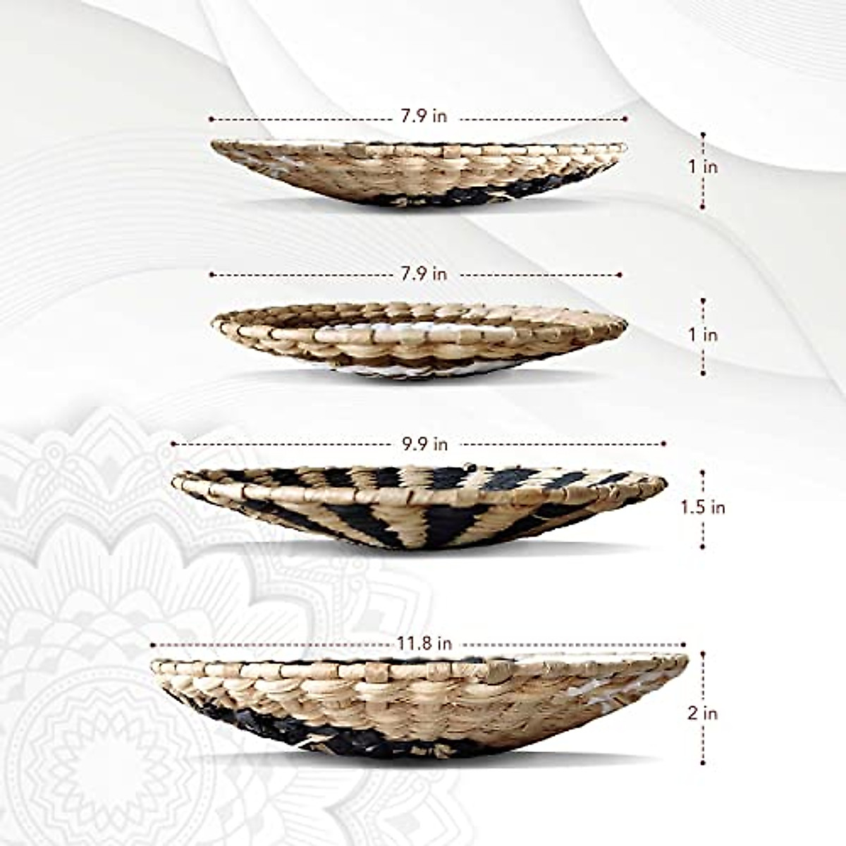 Wicker Wall Basket Decor Set of 4 - Black, Brown & White - Woven Boho Macrame Wall Hanging - Hook Attached for EASY Hanging - Wall Hanging Decor for Farmhouse Style