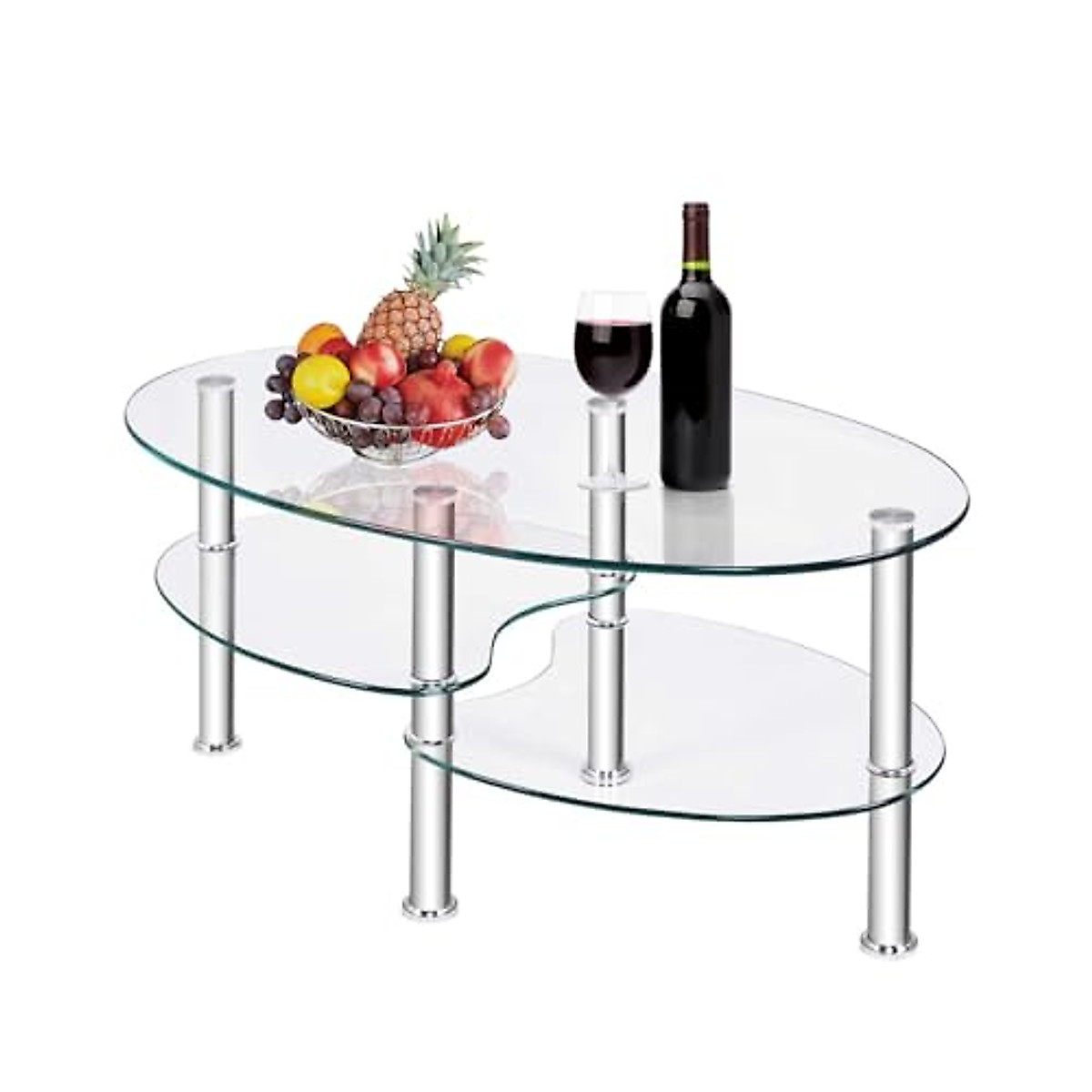 Glass Coffee Table, 3-Tier Oval-Shaped Glass Tea Table Modern Smooth Tea Table w/Spacious Glass Desk-Top Boards & Sturdy Chrome Plated Legs Home Office Reception