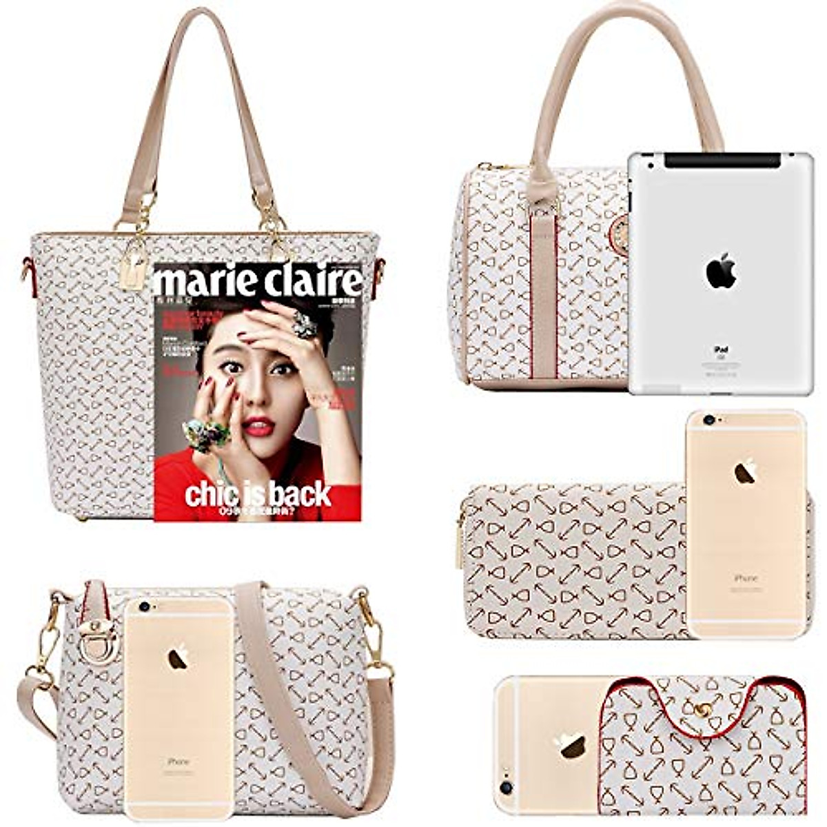 RainboSee Women 6 Pcs Handbag Tote Stitching Shoulder Bag PU Top Handle Hobo Satchel Purse Clutch Beige