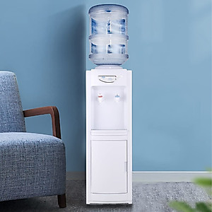 Water Cooler Dispenser 5 Gallon, Top Loading Water Dispenser Hot and Cold Water Dispenser with Storage Cabinet Child Safety Lock for Home Office, White