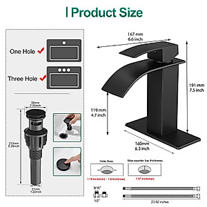 VOTON Black Bathroom Faucets Modern Waterfall Bathroom Sink Faucet Matte Black Single Handle Bathroom Faucet for 1 or 3 Holes with Deck Plate and Pop-Up Drain, Rv Sink Camper Farmhouse Bathroom Faucet