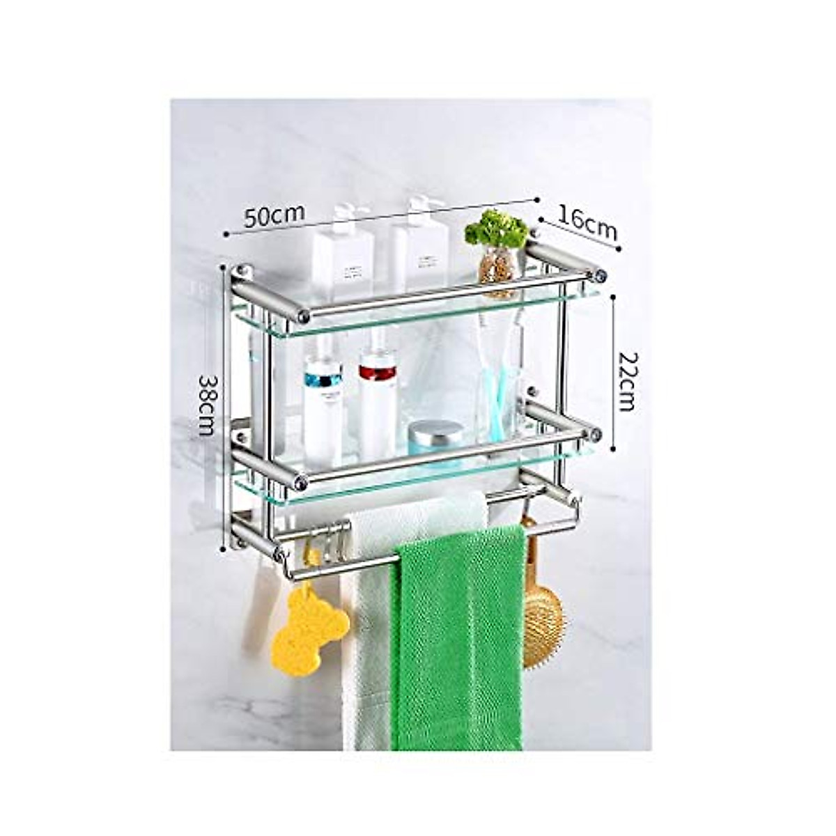 2 Tier Bathroom Shelf Wall Mounted Towel Rack for 8mm Tempered Glass Shelf Storage Holder, Stainless Steel Shower Basket, Pack