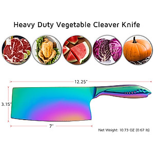 WELLSTAR Rainbow Meat Cleaver, 7 inch Iridescent Chinese Meat Vegetable Butcher Knife, Super Sharp German High Carbon Stainless Steel Chef’s Kitchen Knife with Ergonomic Handle for Home Restaurant