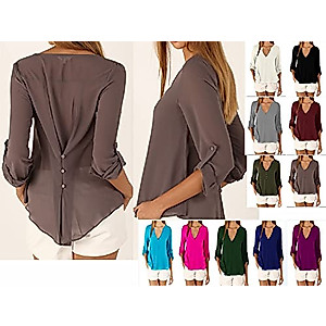 Andongnywell Women Button V-Neck Casual Tops T-Shirt Loose Top Blouse Pull Sleeve Loose Chiffon Shirt (Purple,4,X-Large)