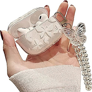 MINSCOSE Cute Airpod pro 2 Clear Case with Keychain ,Cute Bling Glitter Butterfly Pattern Design Soft Silicone Smooth Shockproof Compatible with Airpods Pro Charging Case for Girls Women