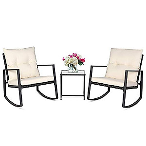 SUNCROWN 3 Piece Outdoor Rocking Bistro Set Black Wicker Furniture Porch Chairs Conversation Sets with Glass Coffee Table, Beige