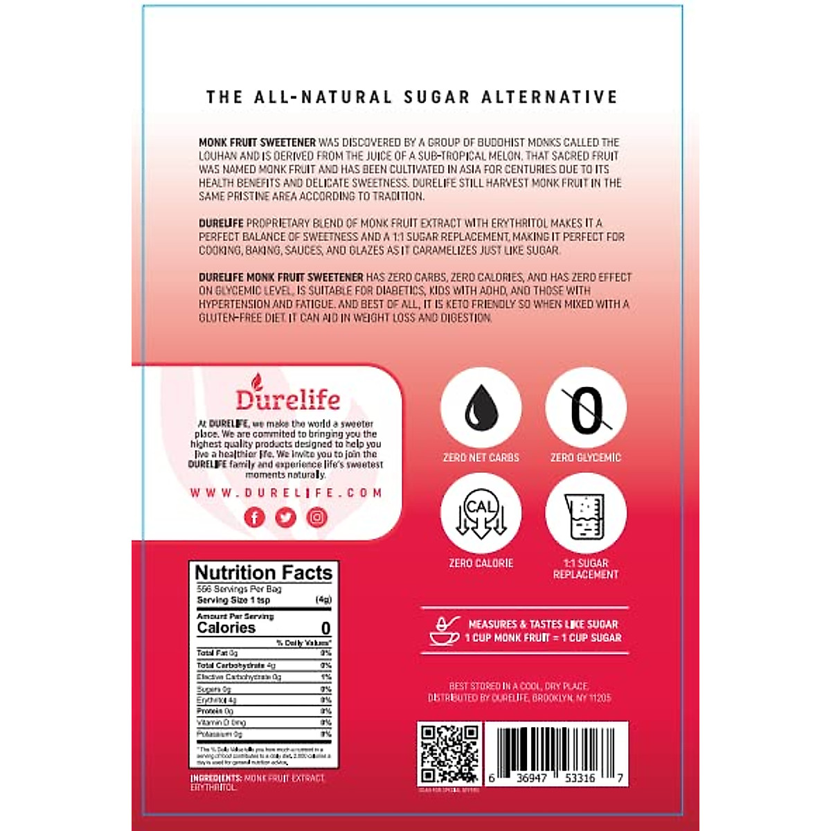 Durelife Monk Fruit Sweetener, Classic - White Sugar Substitute, Keto Diet Friendly, 1:1 Sugar Replacement, Zero Calorie, White Sugar Substitute - 5 lb (Packaging May Vary)