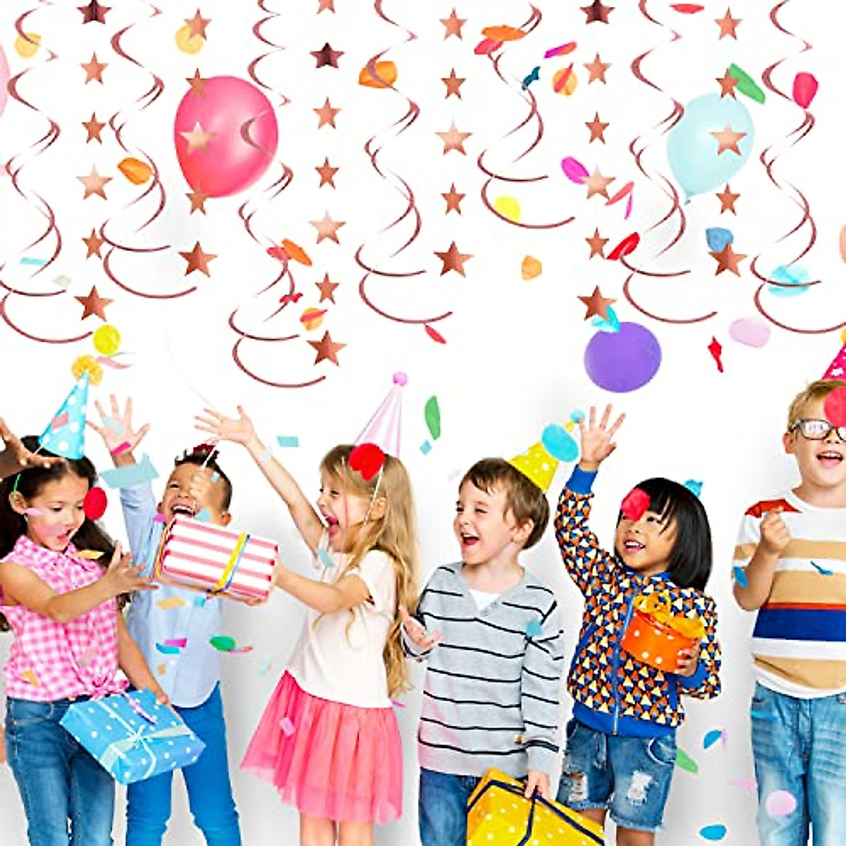 26 Feet Rose Gold Reflective Star Paper Garland Hanging Foil Swirls for Christmas Deccoration Wedding Birthday Party Bachelorette Engagement Holiday Graduation Party Decoration